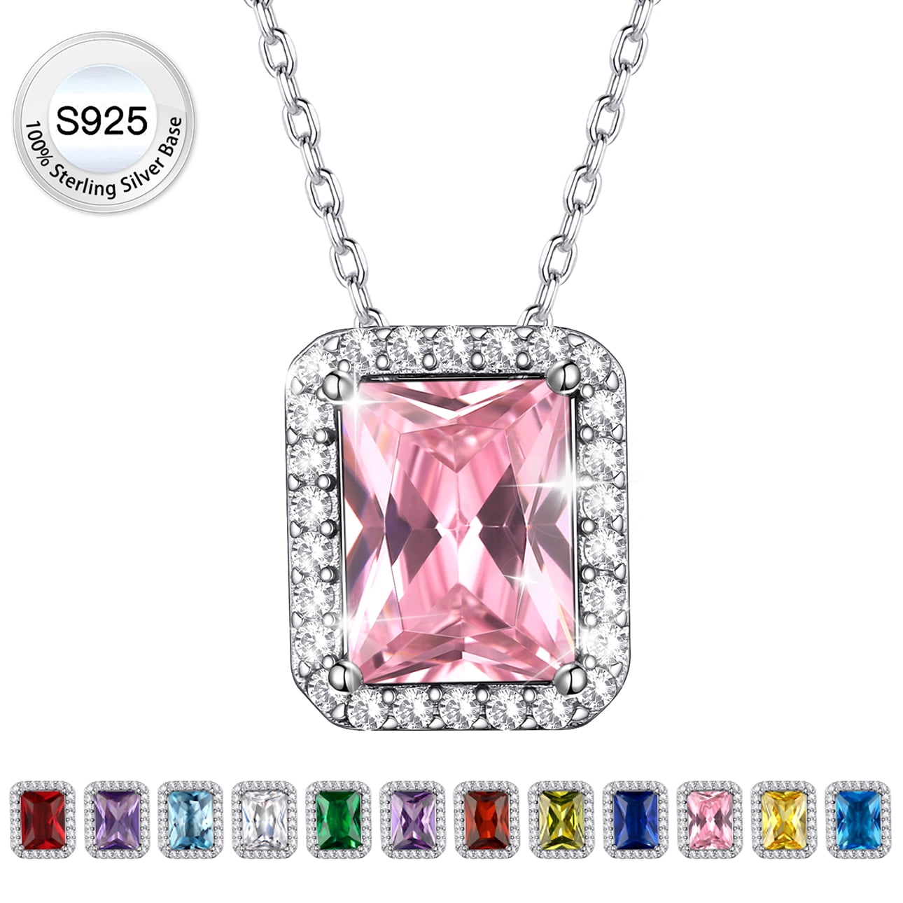 Bestyle Pure 925 Sterling Silver Pendant Necklace Square Cut Crystal ...