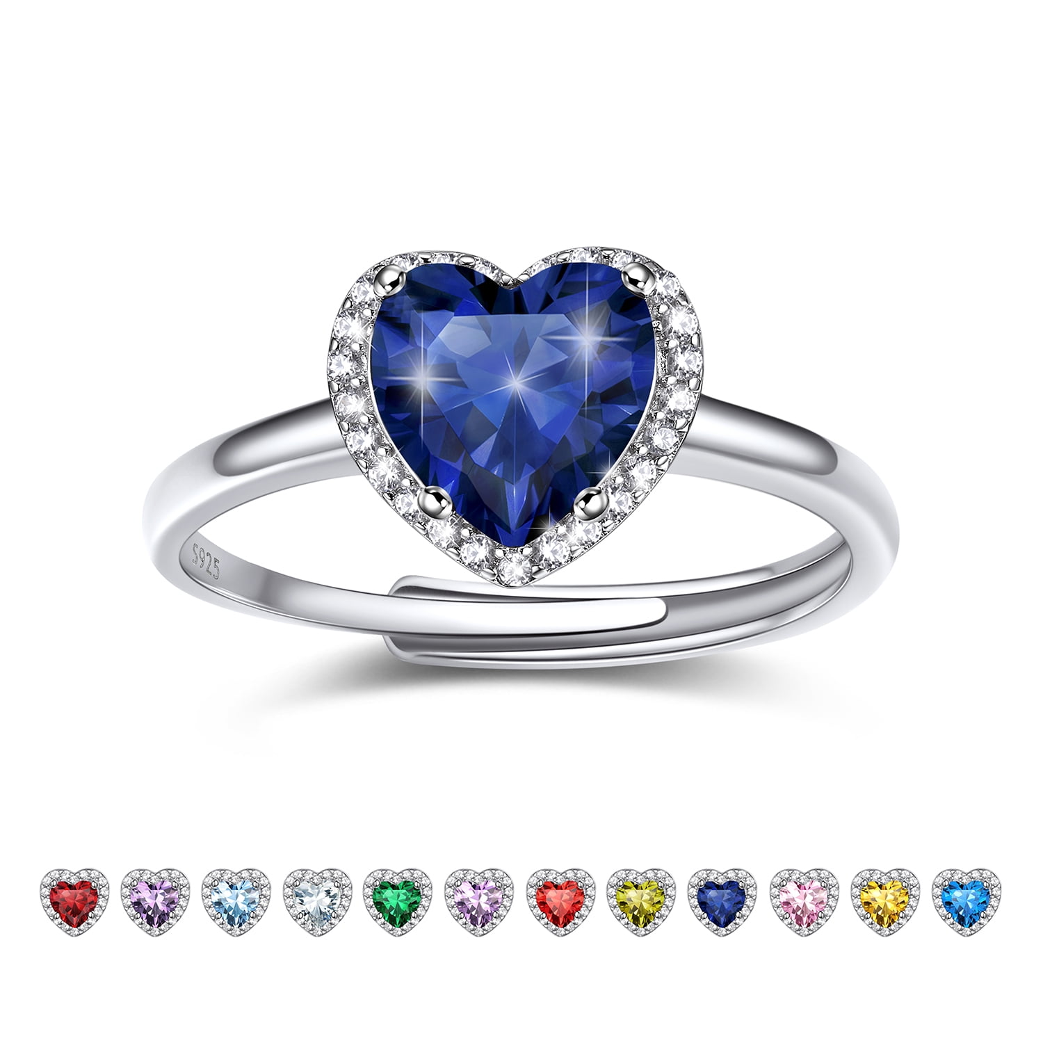 Bestyle 925 Sterling Silver Heart Rings for Women 1.5ct Created Diamond Open Band Ring September ...