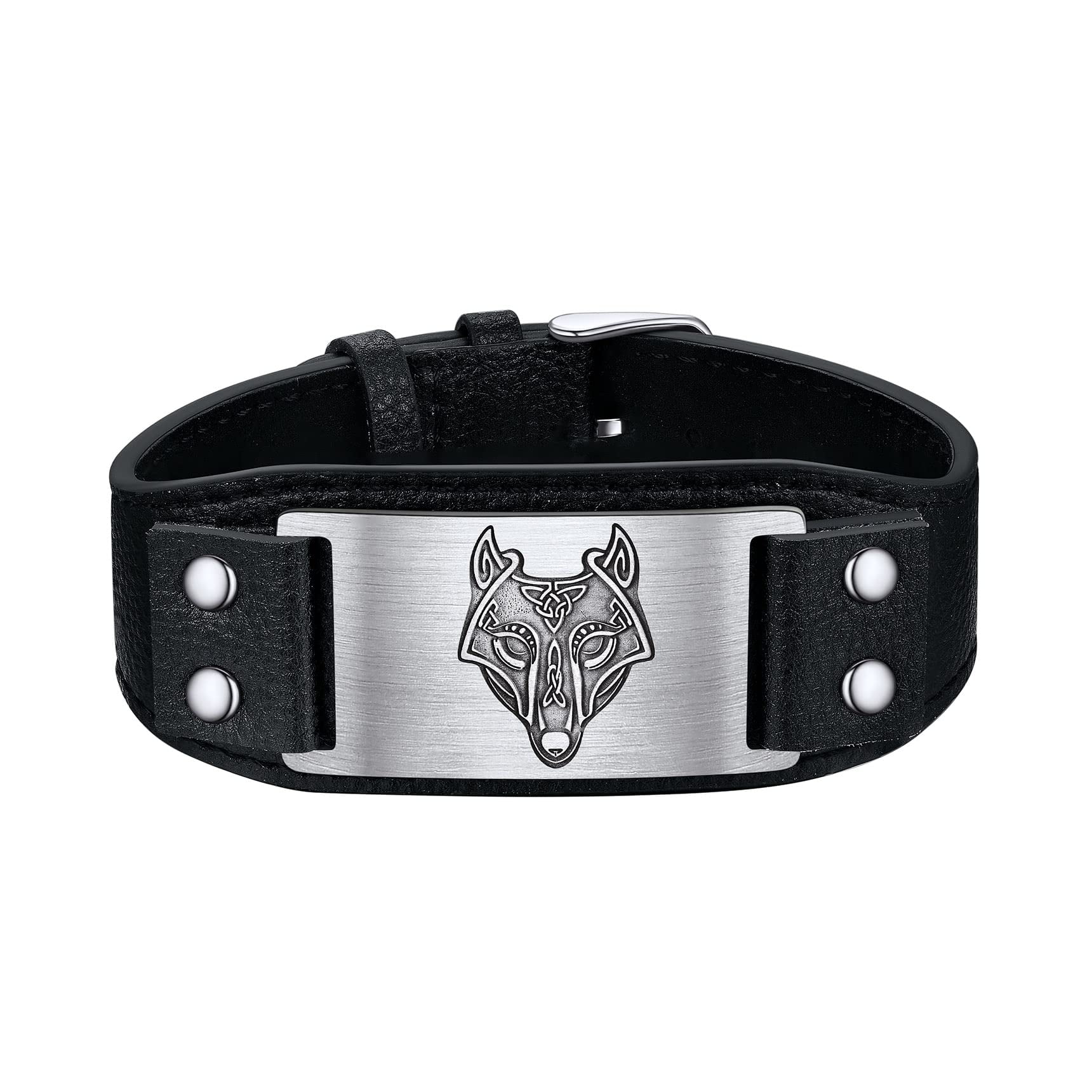 Bestyle Adjustable Leather Cuff Bracelets for Men Boys, Punk Gothic Viking Wolf Head Stainless ...