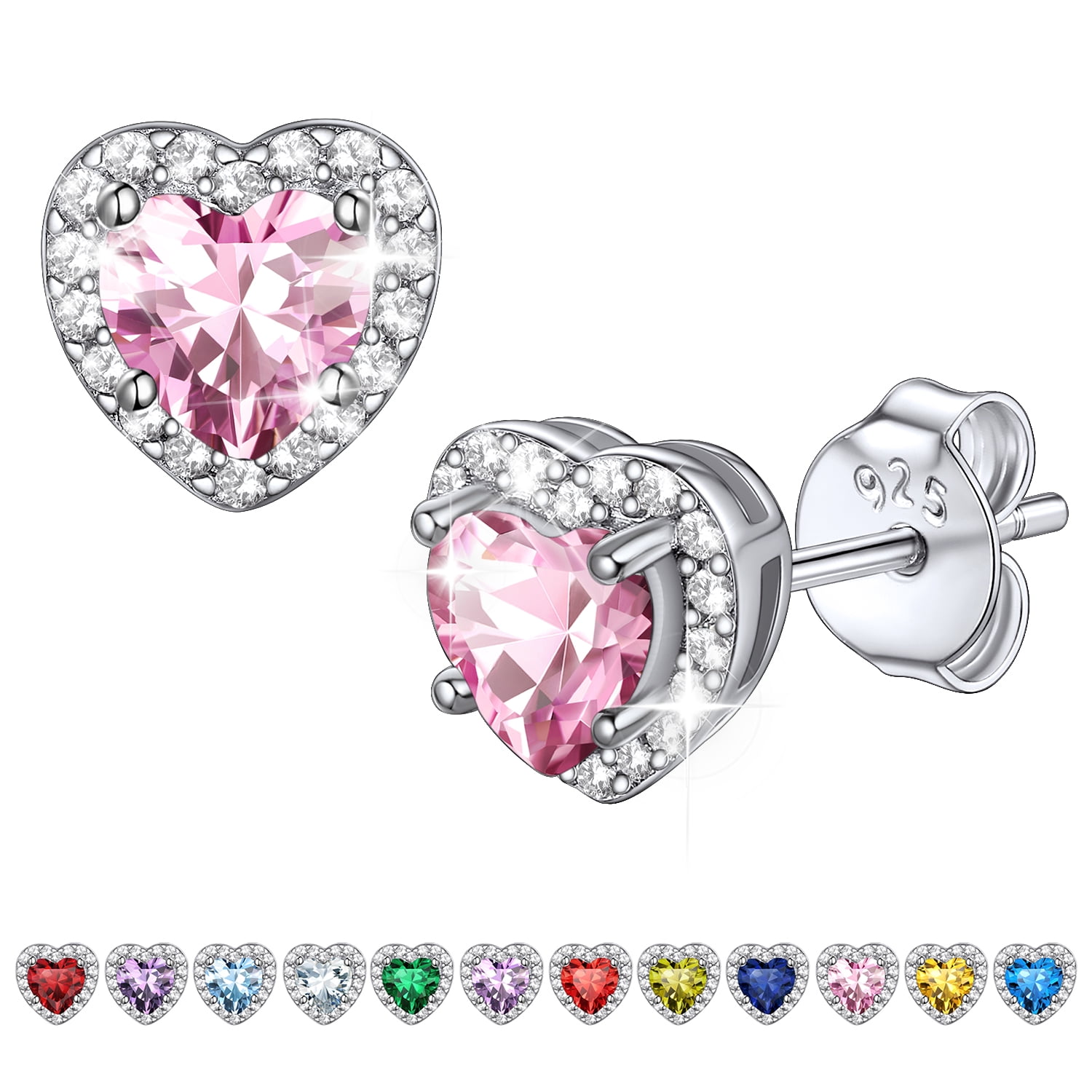 Bestyle Birthstone Stud Earrings for Women Girls, 925 Sterling Silver Heart Diamond Studs ...