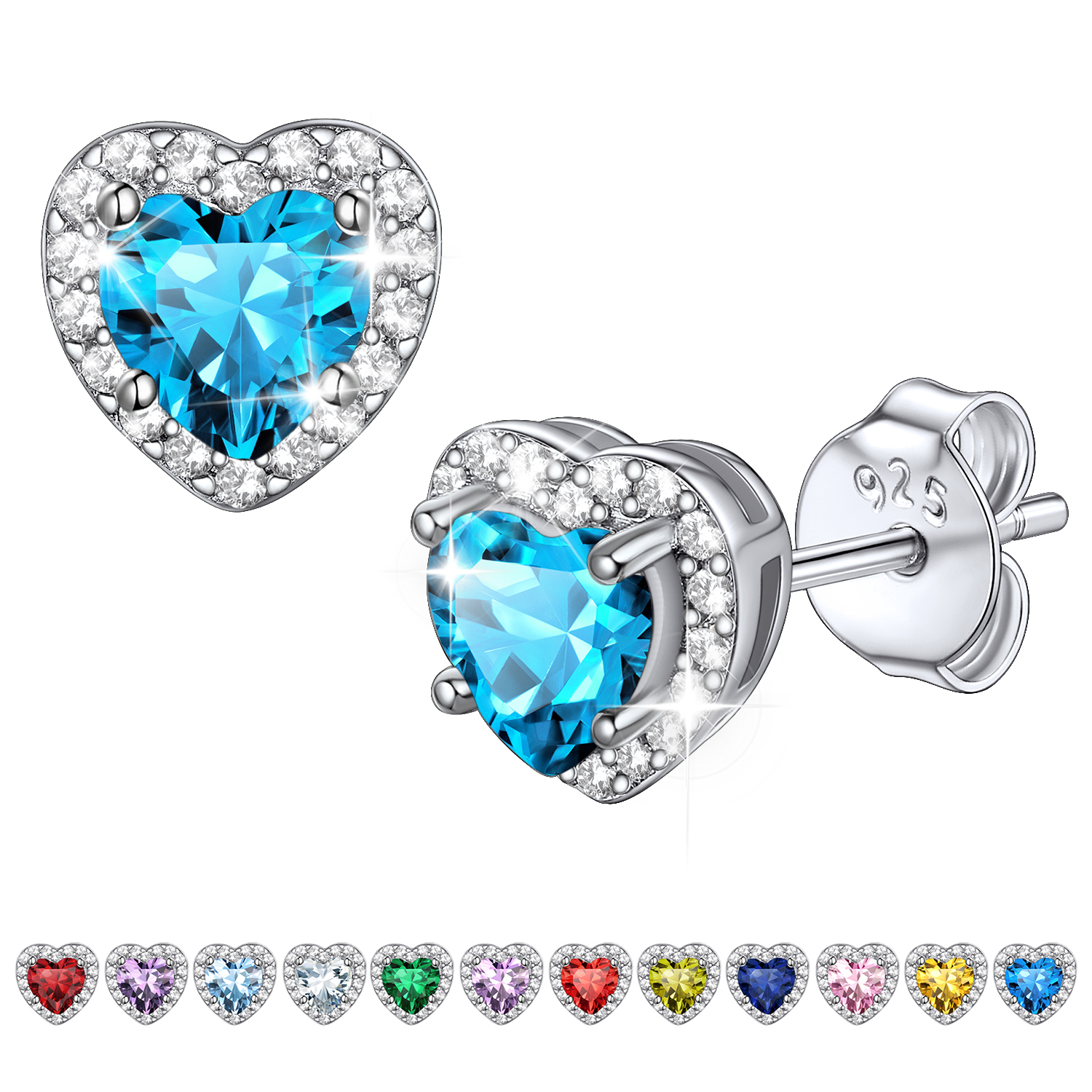 Bestyle Birthstone Stud Earrings for Women Girls, 925 Sterling Silver Heart Diamond Studs ...