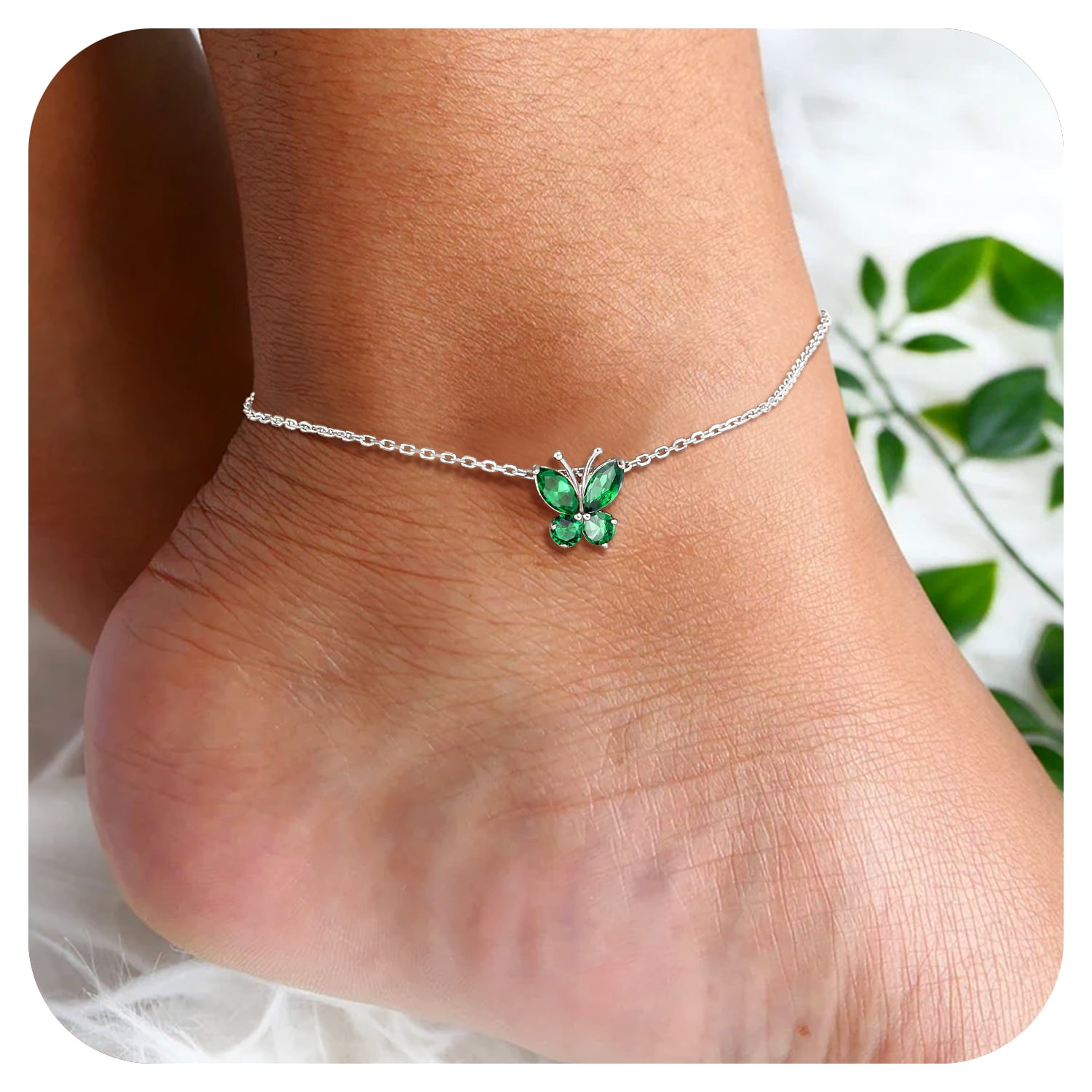 Bestyle Butterfly Anklet Bracelets for Women Synthetic Alexandrite May Silver Anklet Summer ...