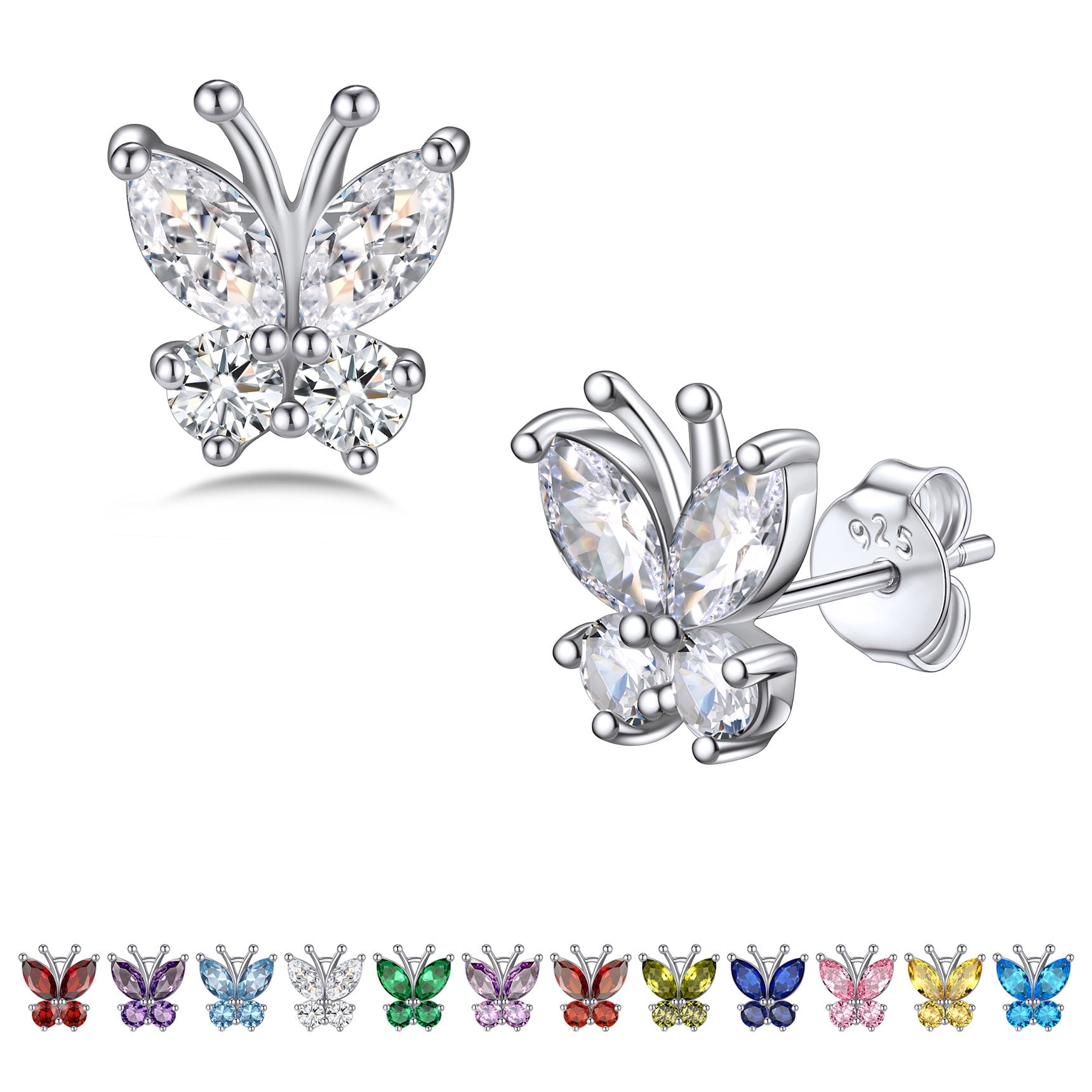 Bestyle Butterfly Earrings Women Cute Sterling Silver Stud Earrings April Synthetic Diamond ...