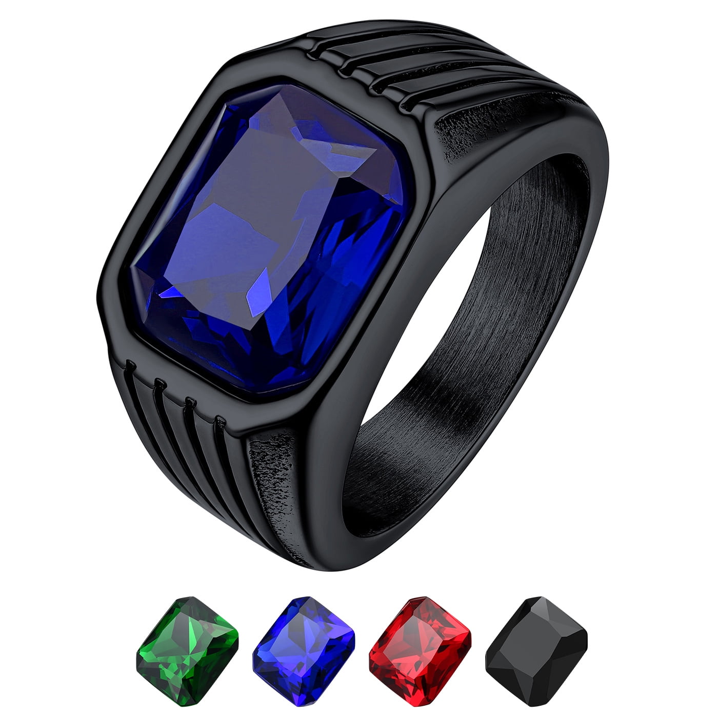 Bestyle Chunky Signet Ring for Men Big Blue Created Sapphire Stainless ...