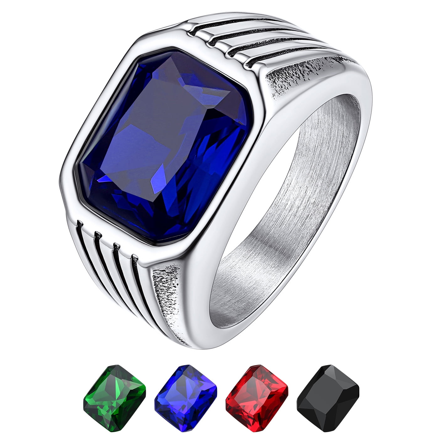 Bestyle Chunky Signet Ring for Men Big Blue Created Sapphire Stainless Steel Band Ring Fashion ...