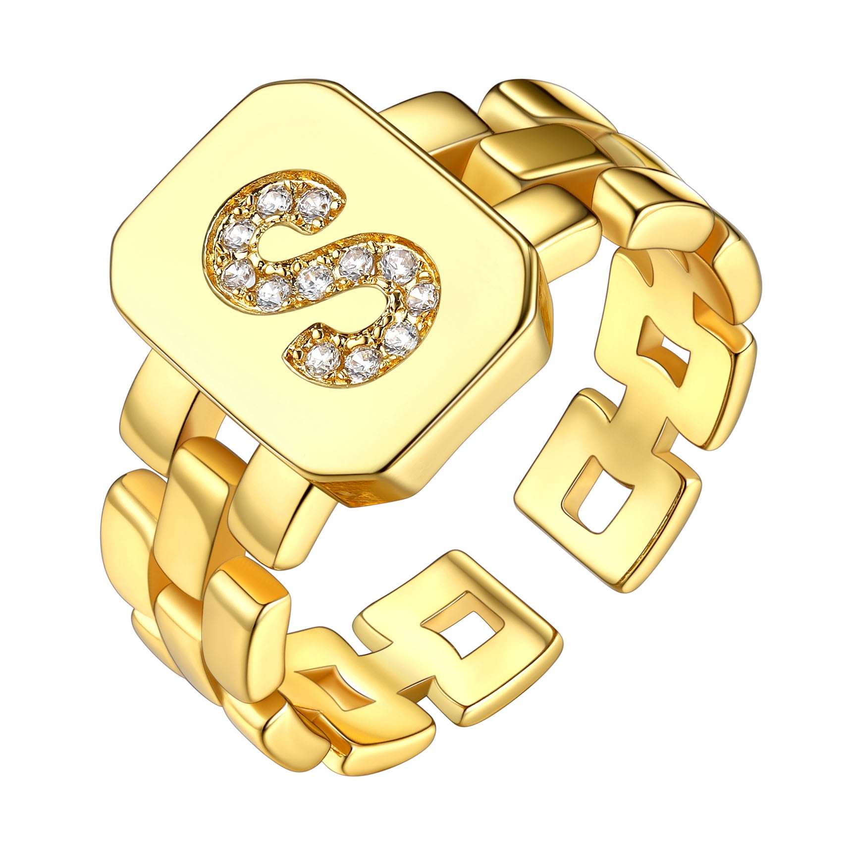 Bestyle Chunky Women Initial Ring Gold Chain Open Rings with Cubic ...