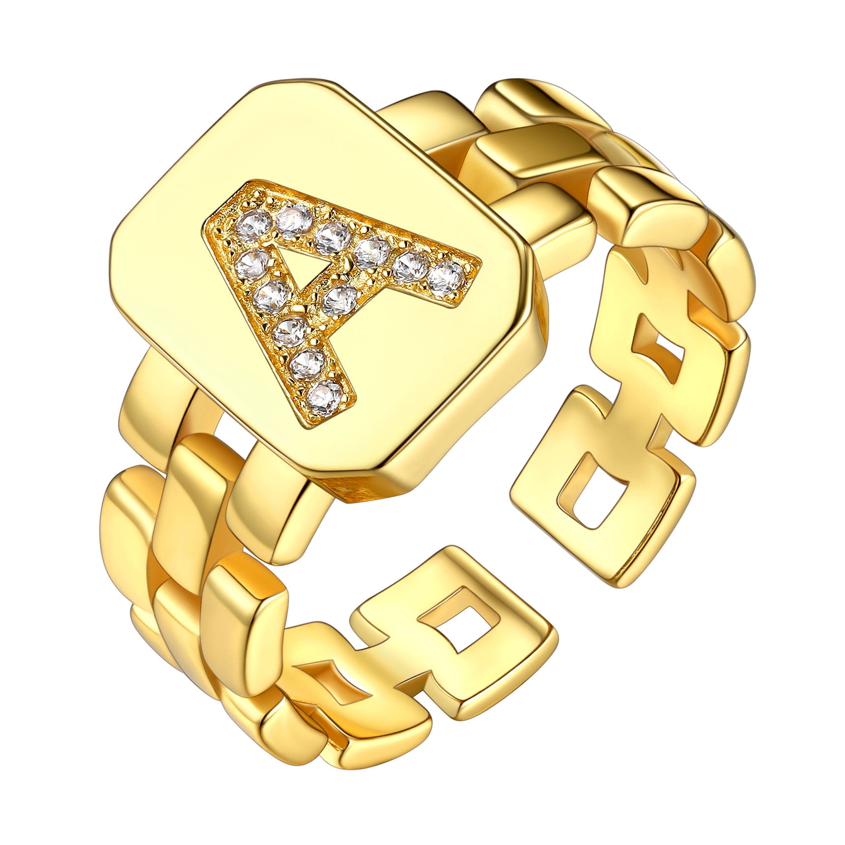 Bestyle Gold Plated Initial Ring for Women Chain Open Rings with Cubic ...