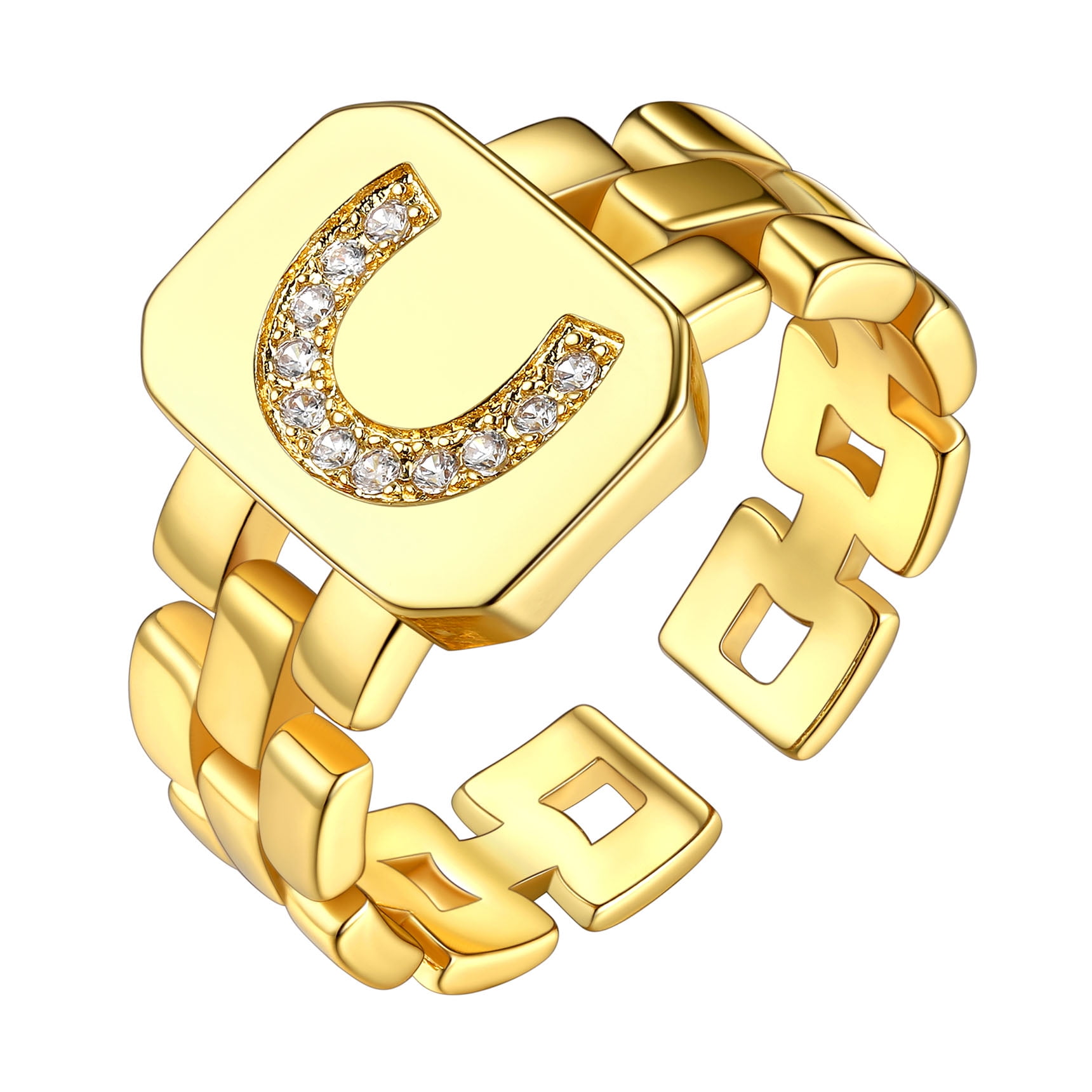 Bestyle Gold Plated Initial Ring for Women Chain Open Rings with Cubic ...