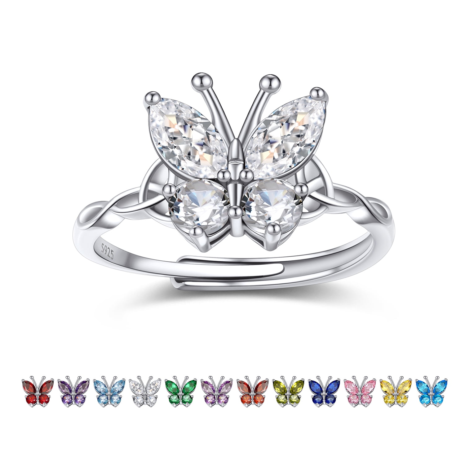 Bestyle Sterling Silver Jewelry, Adjustable Butterfly Ring with Diamond Birthstone, Size 6-12 ...