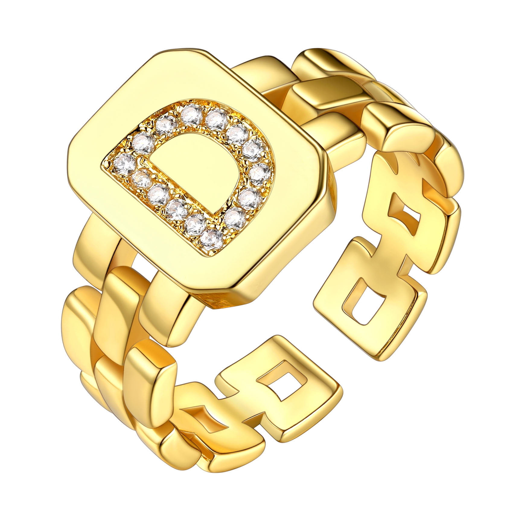 Bestyle Gold Plated Initial Ring for Women Chain Open Rings with Cubic ...