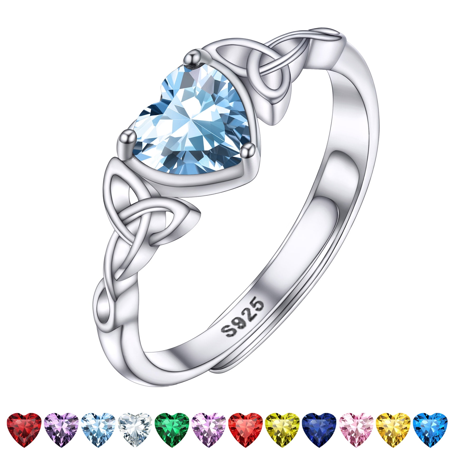 Bestyle Infinity Love Celtic Knot Rings Women Sterling Silver Heart Rings March Blue Aquamarine ...