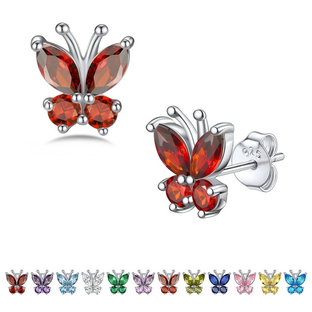 Bestyle Red Ruby Crystal Butterfly Earrings Stud Cute Shinning Sterling Silver Birthstone ...