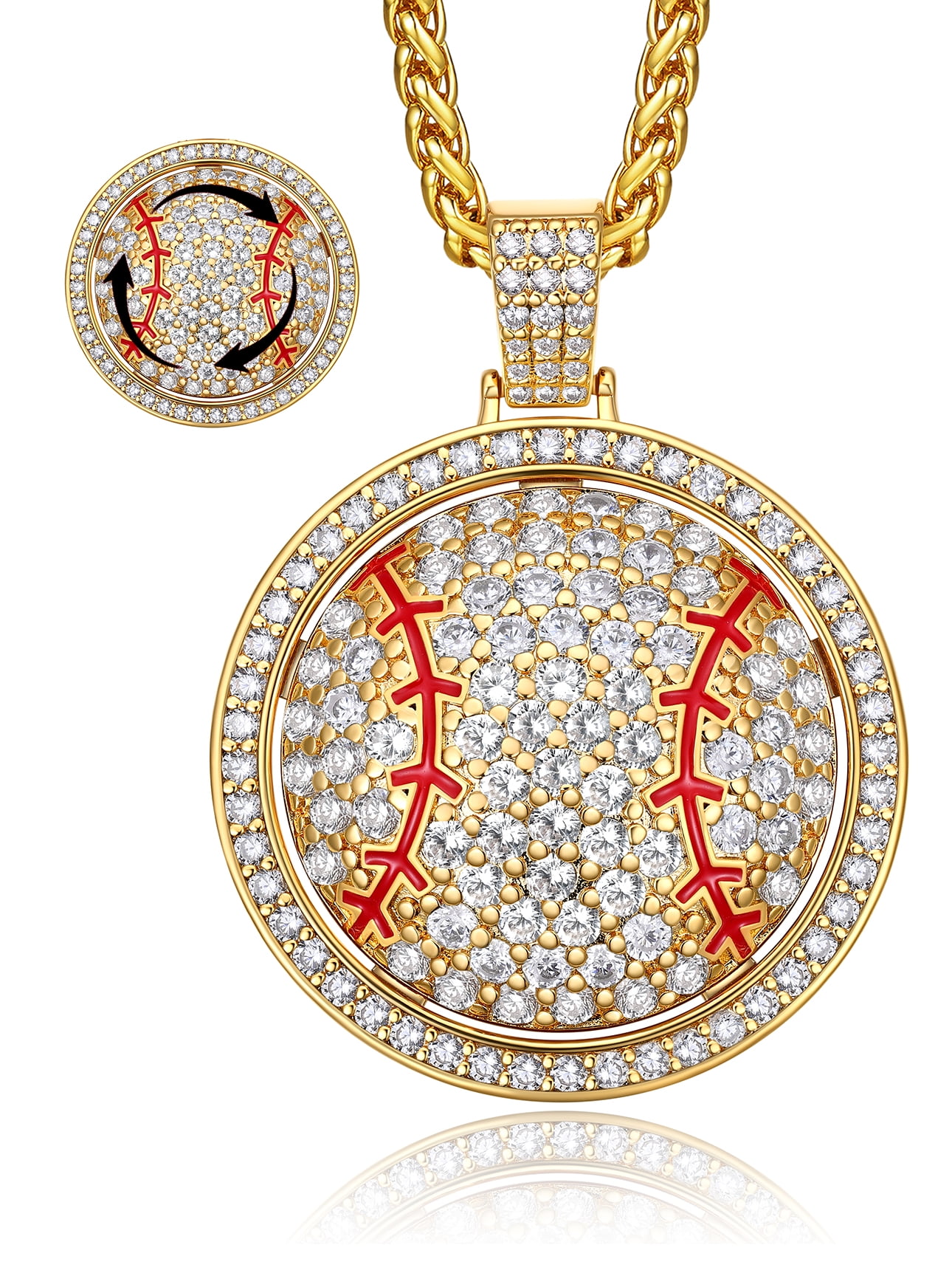 Bestyle Rotatable Baseball Pendant Necklace for Men Gold Plated CZ ...