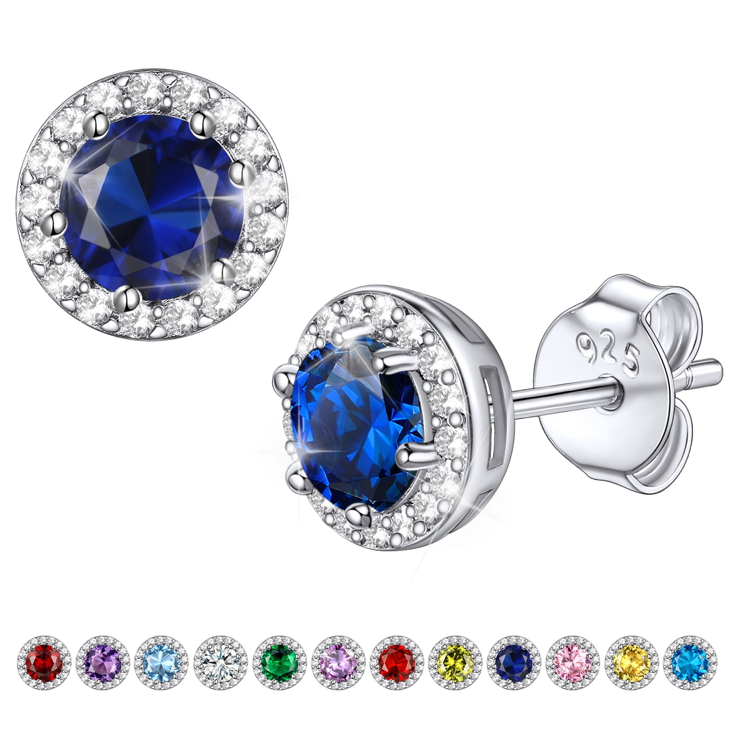 Bestyle S925 Sterling Silver CZ Earrings, Sapphire Birthstone Studs, September Birthday ...