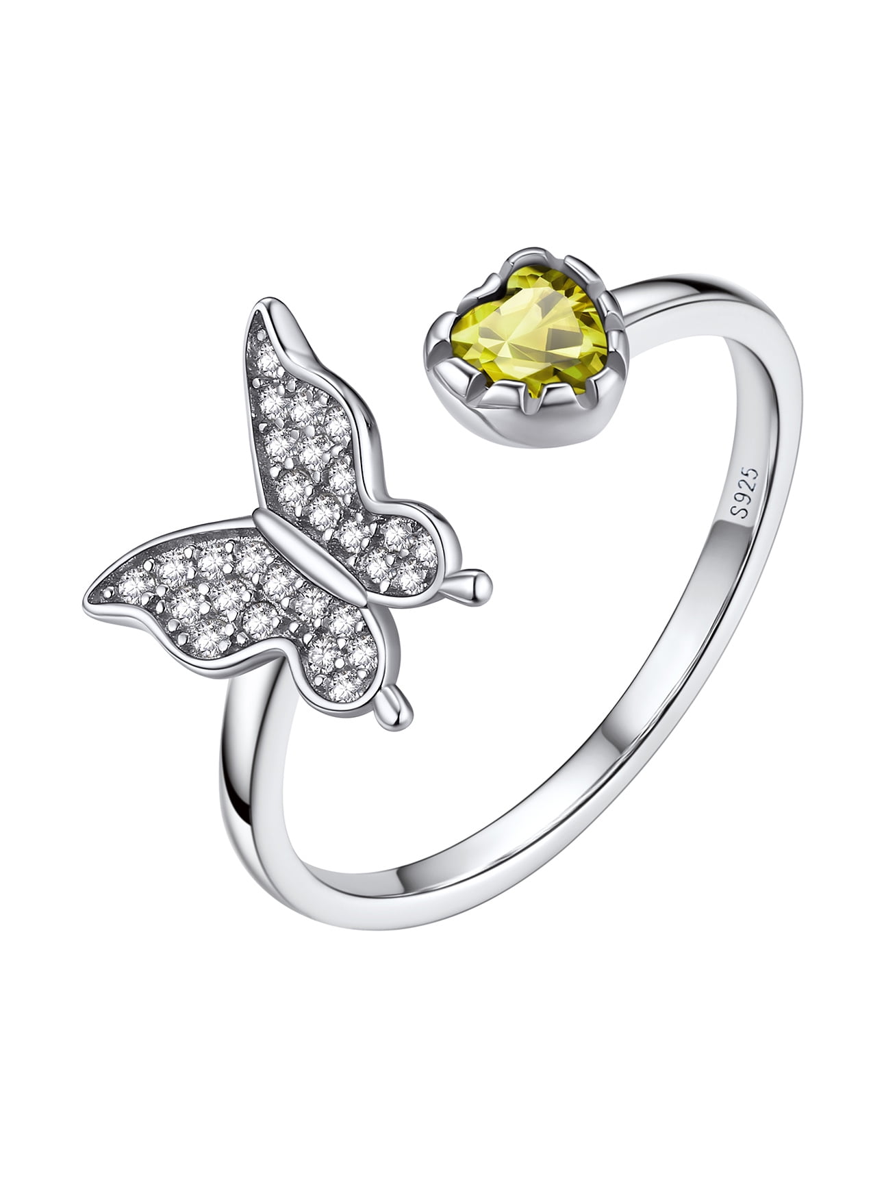 Bestyle Sparkling Butterfly Ring with Heart Peridot Sterling Silver Adjustable Ring for Women ...
