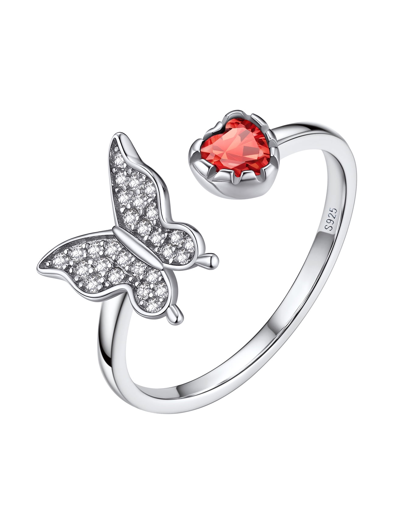 Bestyle Sparkling Butterfly Ring with Heart Ruby Sterling Silver Adjustable Ring for Women Cute ...