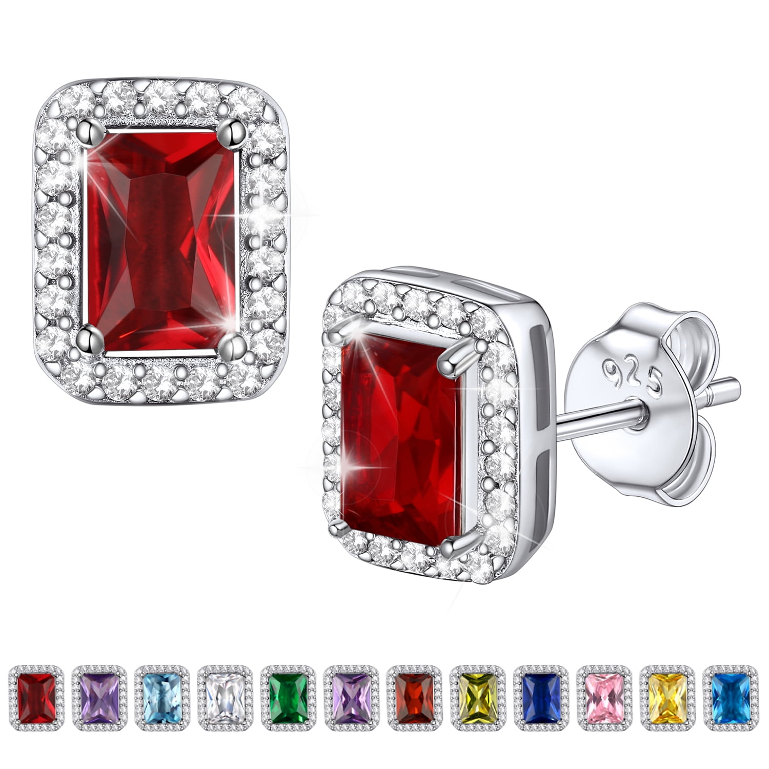 Bestyle Sterling Silver Square Diamond Stud Earrings with January Garnet Gemstone for Women ...
