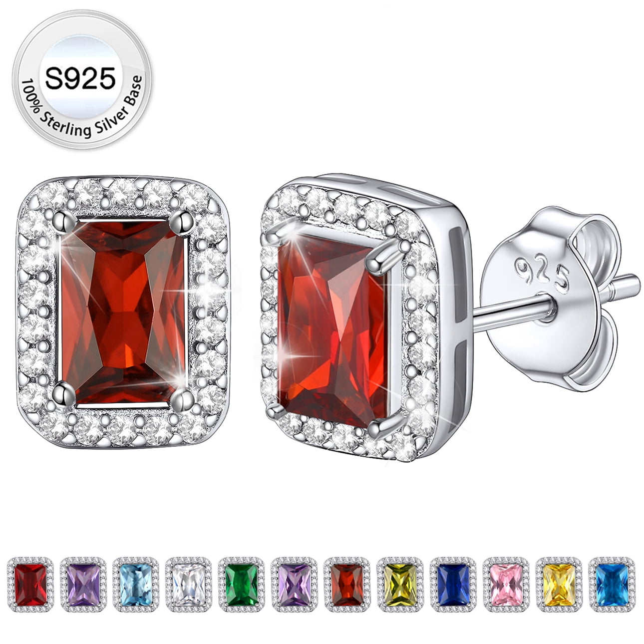 Bestyle Girls' Square Diamond Ruby Birthstone Earrings, Sterling Silver ...