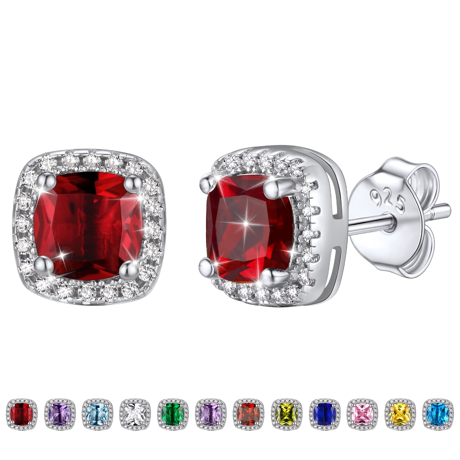 Bestyle Sterling Silver Earring Studs for Women, Square Garnet Birthstone Earrings Jewelry Gift ...