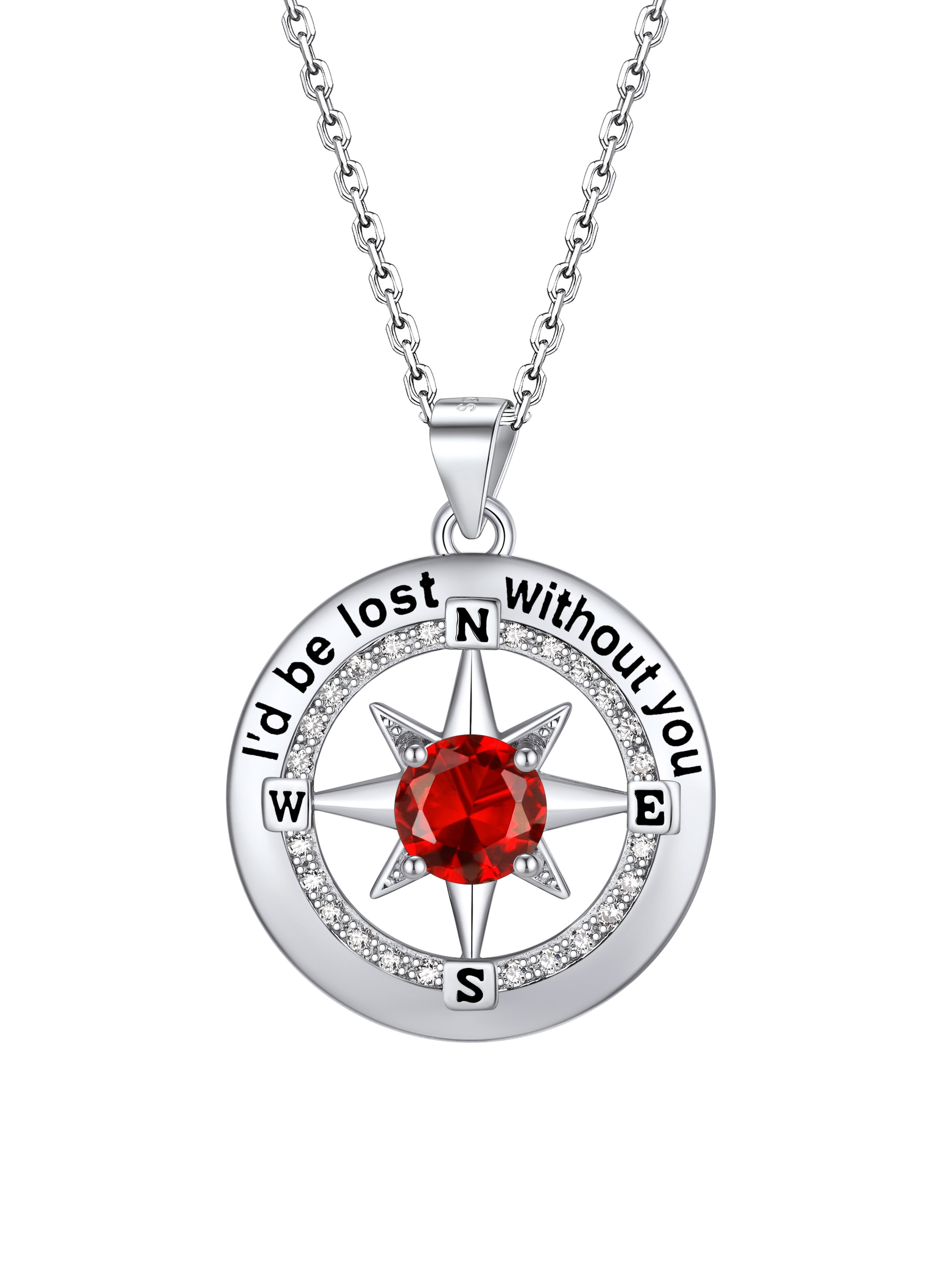 Bestyle Women Compass Birthstone Necklace Red Ruby Sterling Silver ...