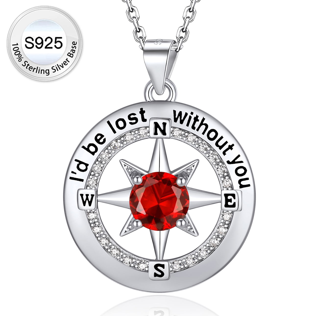 Bestyle Women Compass Birthstone Necklace Red Ruby Pure 925 Sterling ...