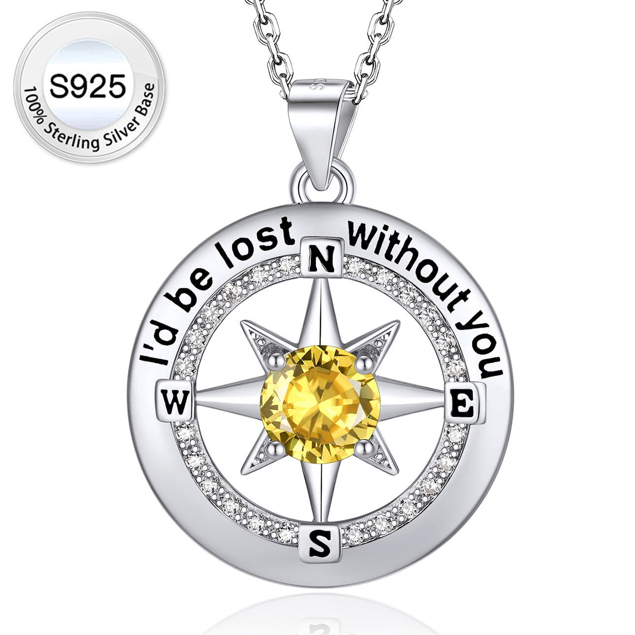 Bestyle Women Compass Birthstone Necklace Yellow Topaz Pure 925 ...