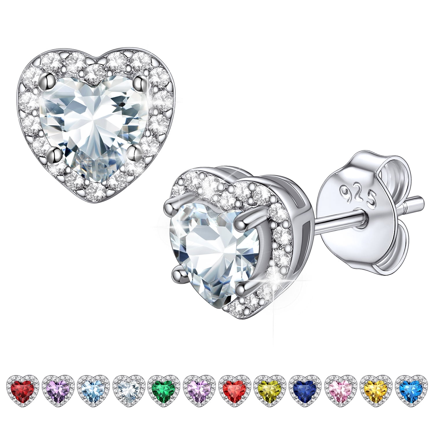 Bestyle Women Crystal Birthstone Stud Earrings, 925 Sterling Silver Earrings Grils CZ Heart ...