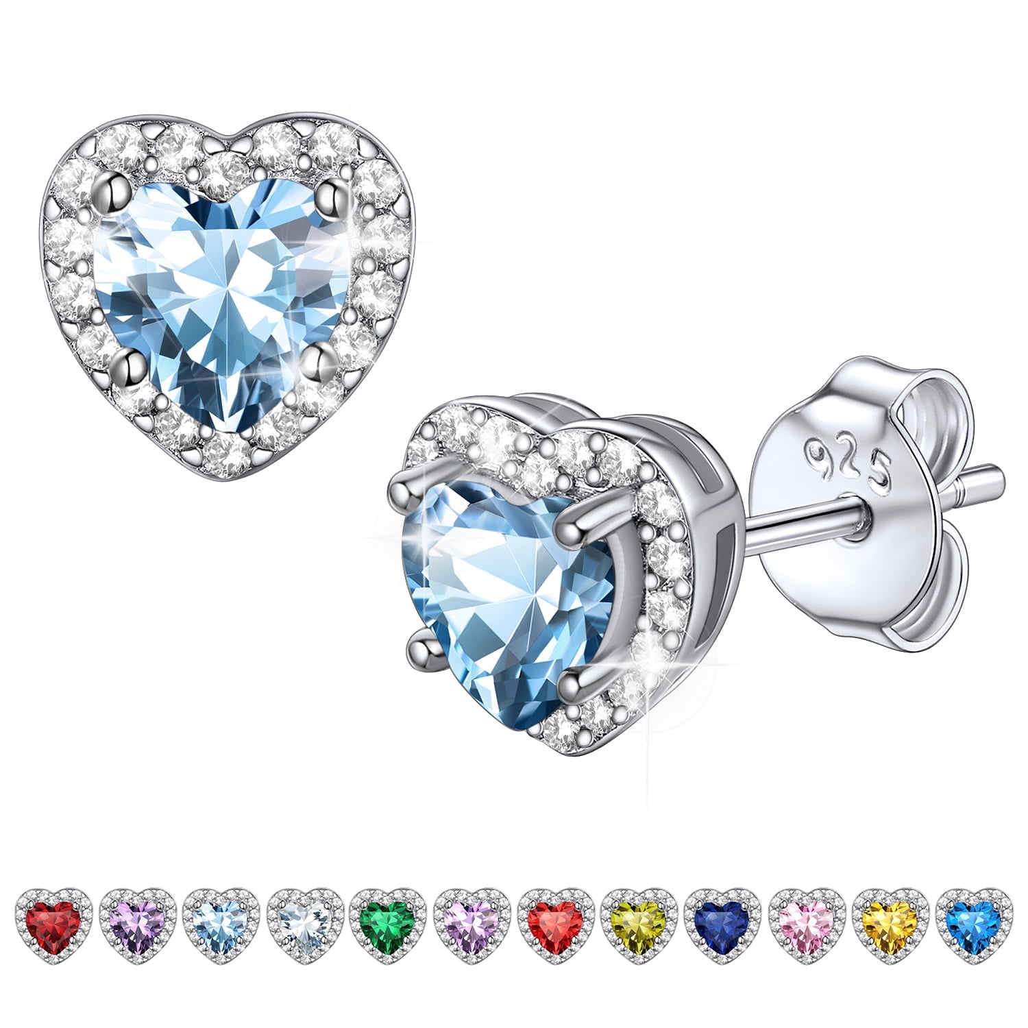 Bestyle Women Crystal Birthstone Stud Earrings, 925 Sterling Silver Earrings Grils CZ Heart ...