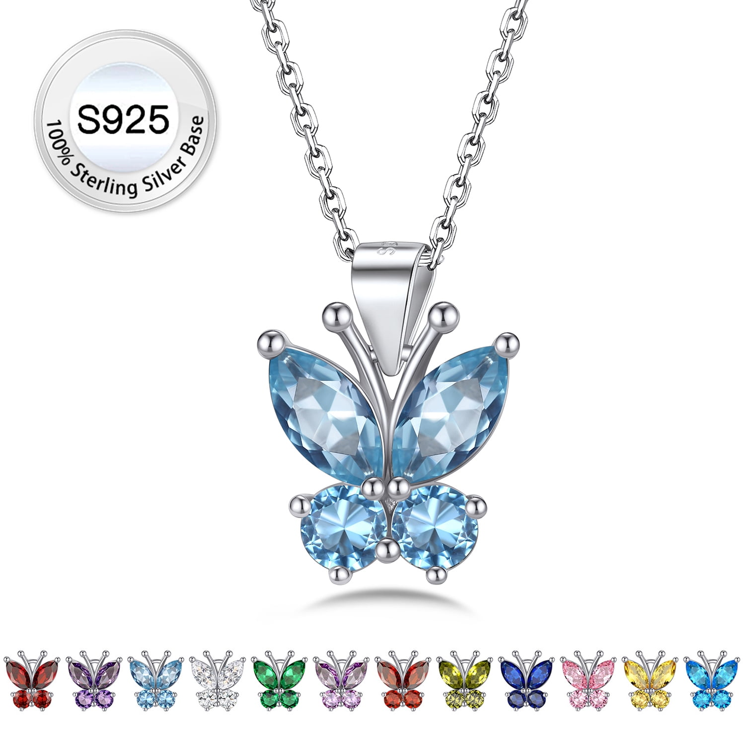 Bestyle Women Sterling Silver Butterfly Necklace, Aquamarine Pendant ...