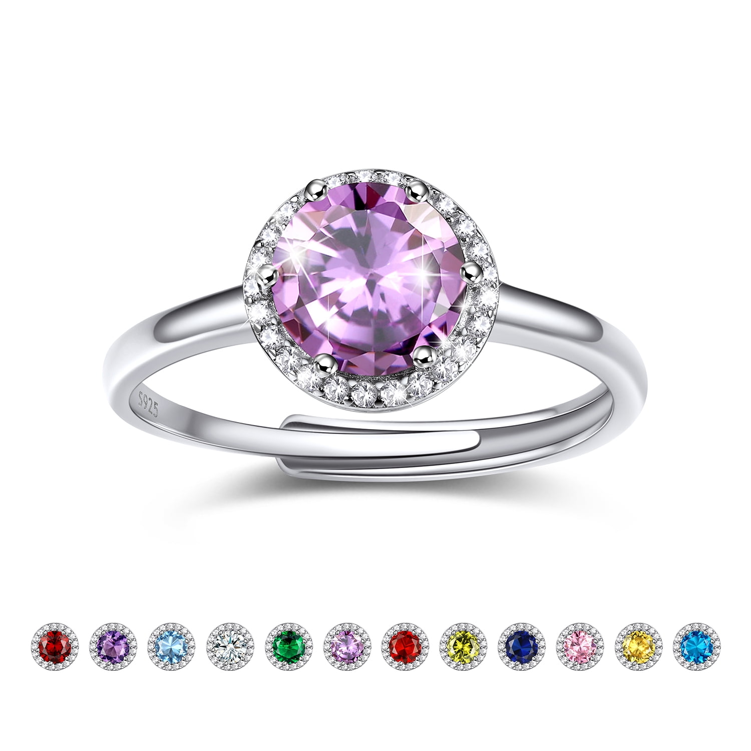 Bestyle Women Sterling Silver Rings with 2ct Round Created Alexandrite ...
