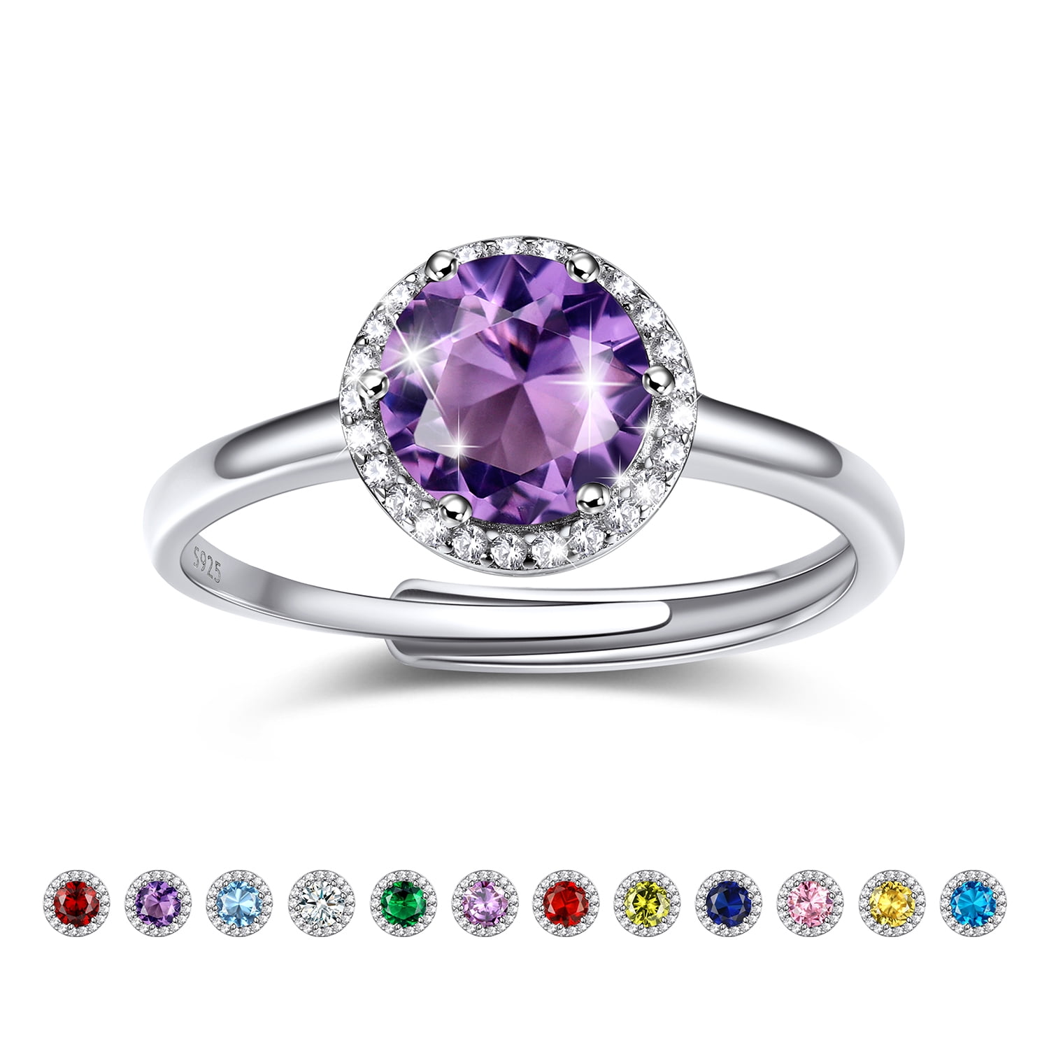 Bestyle Women Sterling Silver Rings with 2ct Round Created Amethyst ...