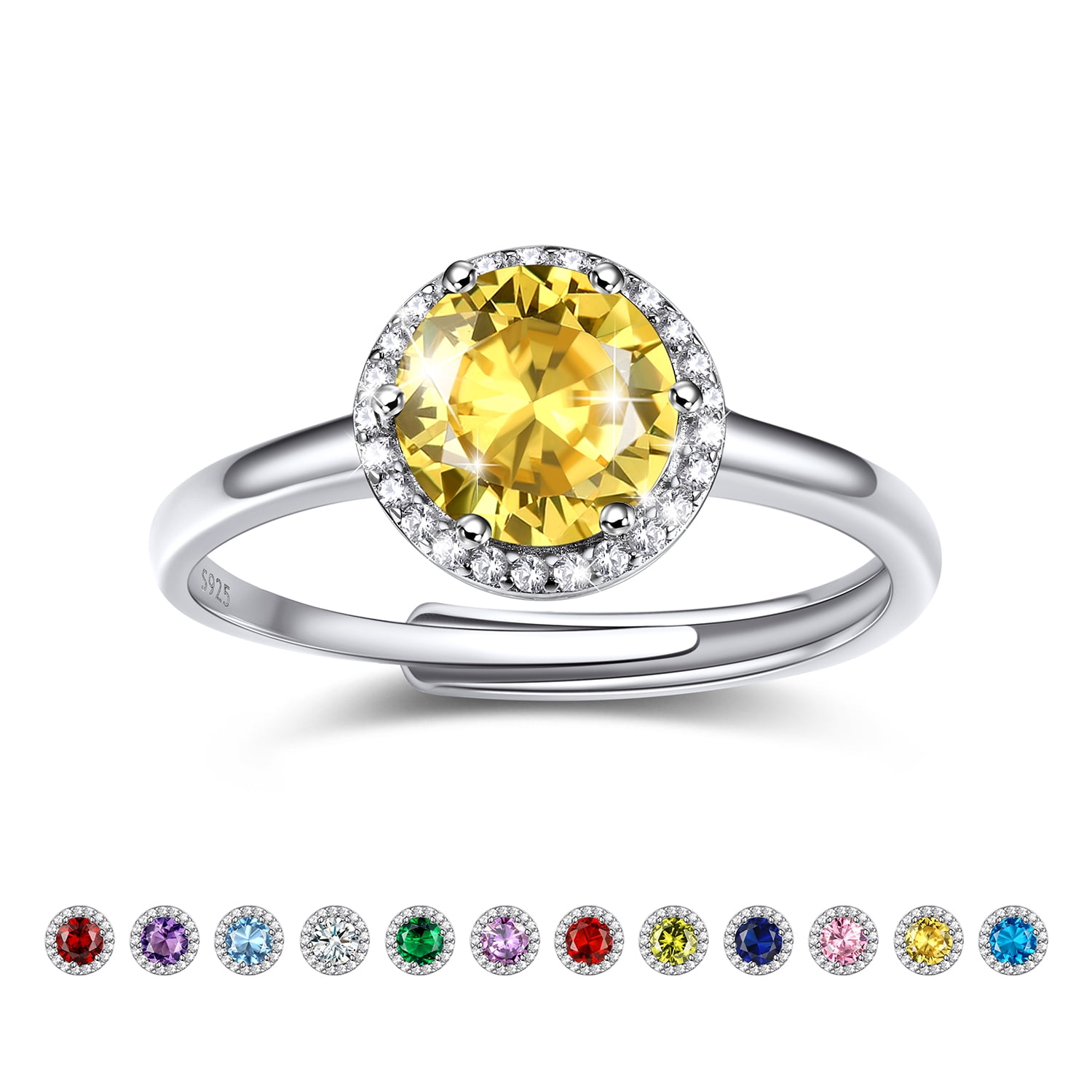 Bestyle Women Sterling Silver Rings with 2ct Round Created Citrine ...