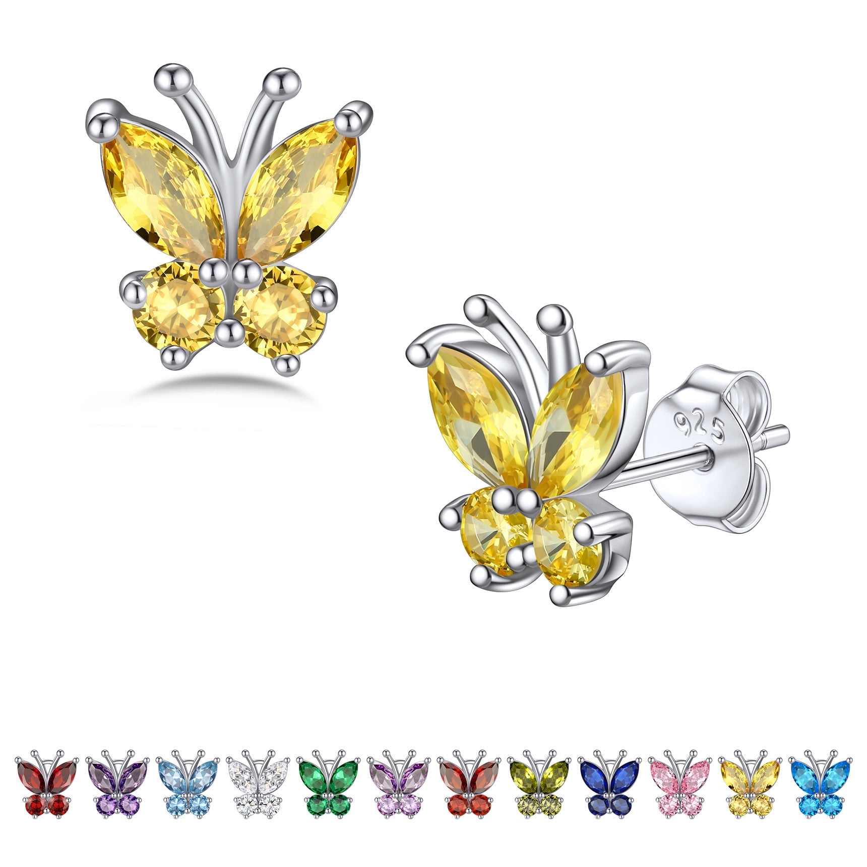 Bestyle Sterling Silver Yellow Topaz Crystal Butterfly Stud Earrings for Women and Teen Girls ...