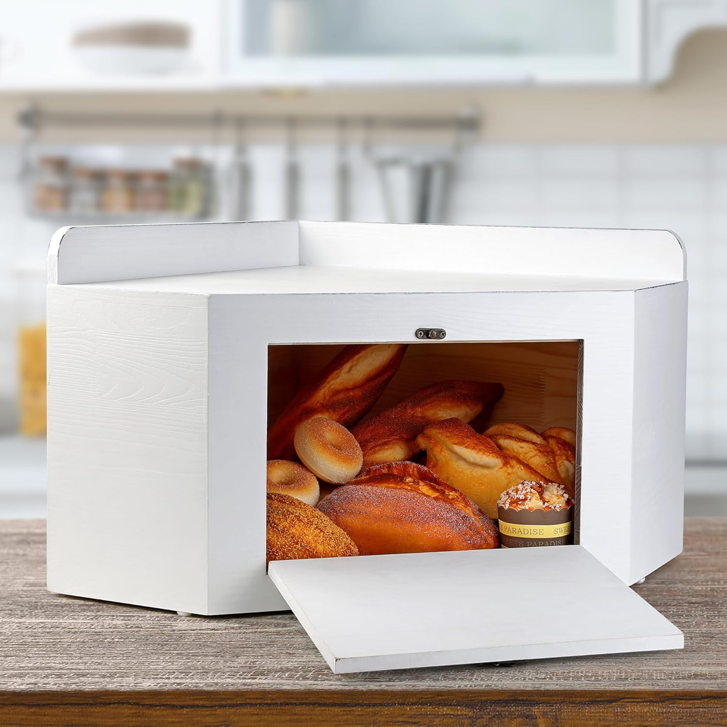 Besuerte White Bread Box For Kitchen Countertop, Wood Bread Boxes Bread ...