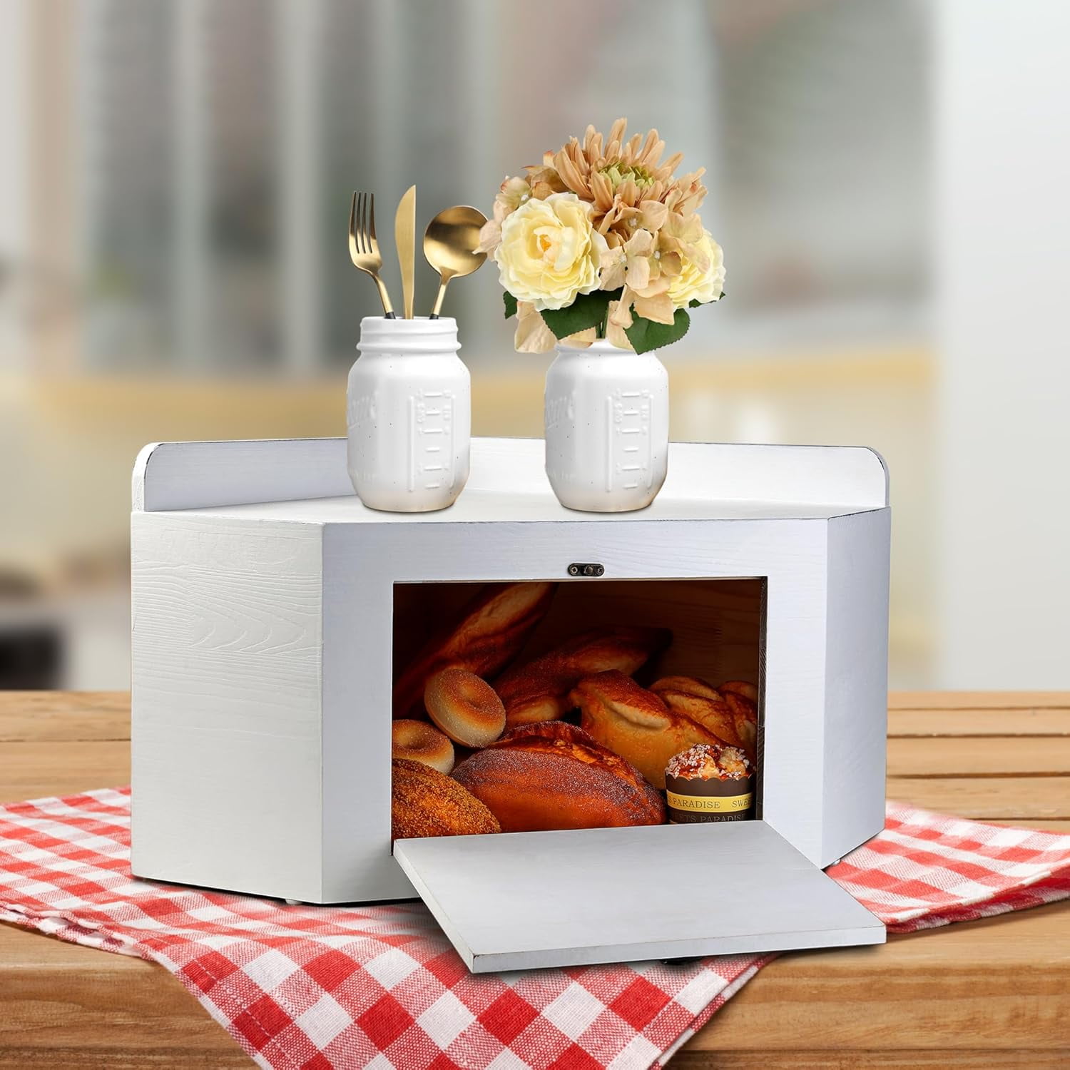 Besuerte Wood Bread Box, Rustic White, Vintage Bread Storage Keeper ...