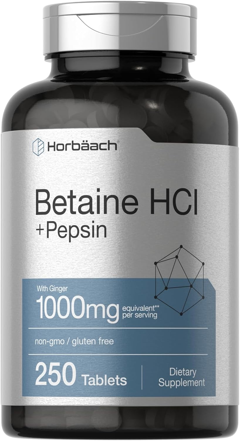 Horbaach Betaine HCl, 1000mg, 250 Tablets, Pepsin Enzyme, Ginger Root ...