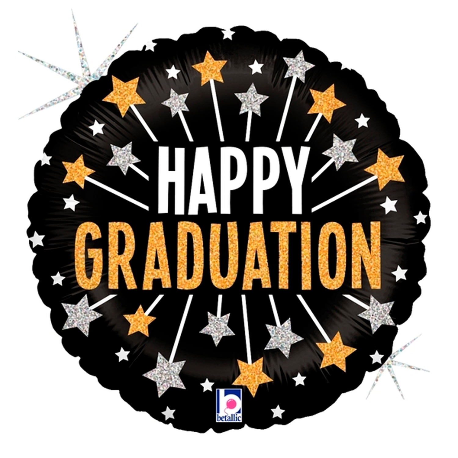 Betallic Glittering Graduation Stars Holographic Black 18" Round Mylar ...
