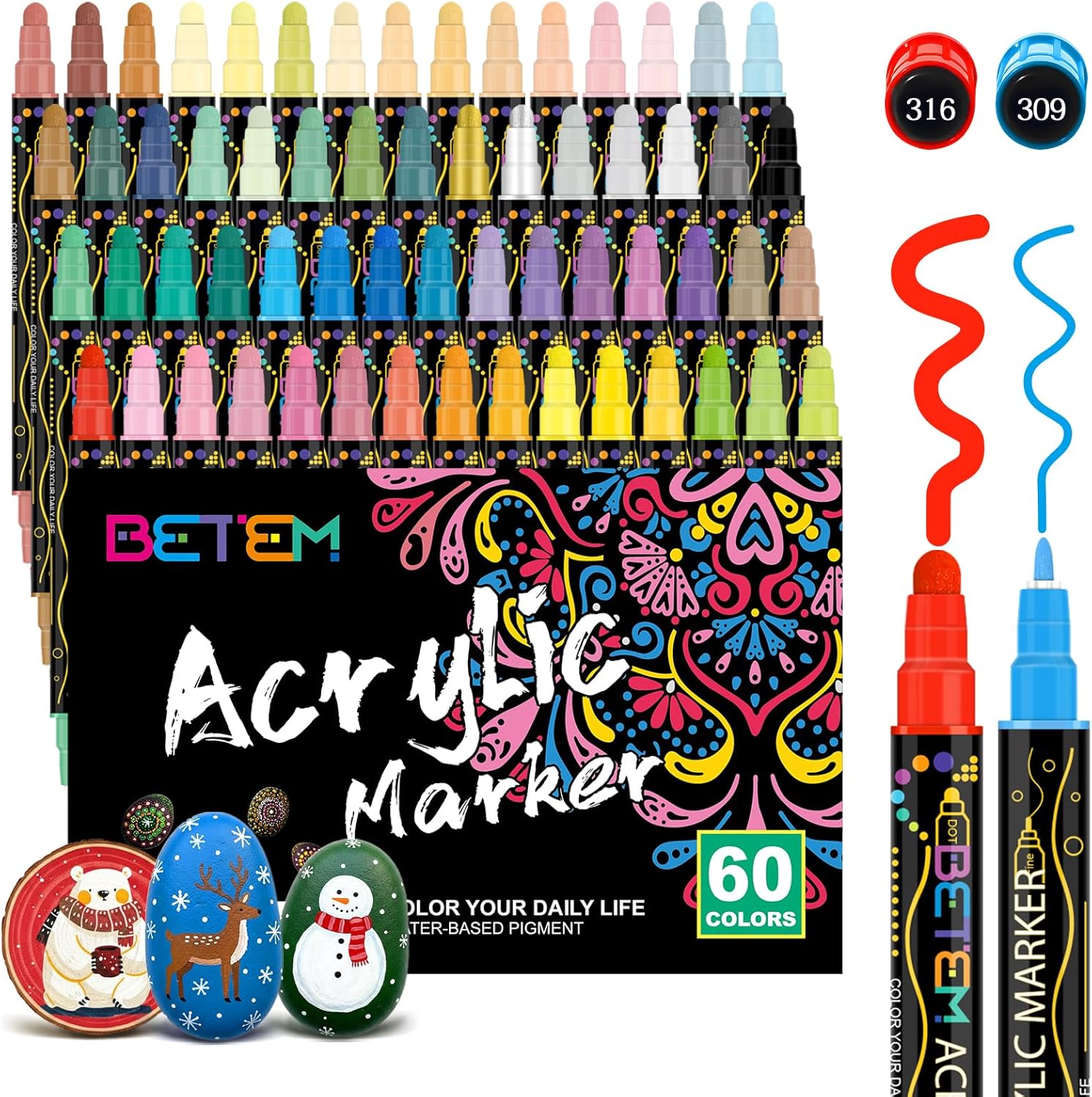 Betem 60 Colors Dual Tip Acrylic Paint Pens Markers, Premium Acrylic ...