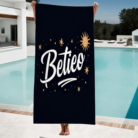 Betio Beach Towel - Elegant White Cursive Script with Golden Stars ...