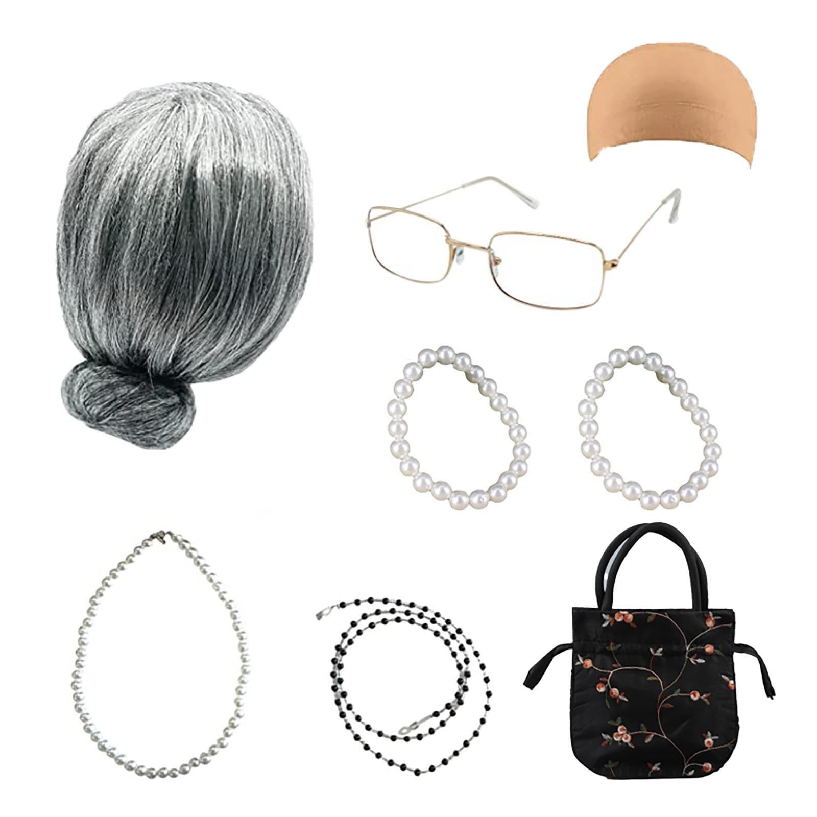 Betivan 1 Counts 7 Wigs Wig Grandma COS Suit Chain Eyeglasses Pearl ...