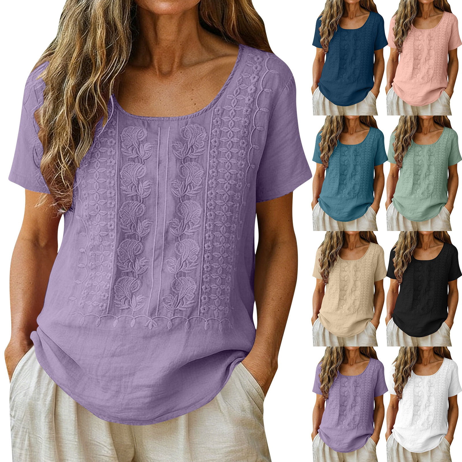 Betivan Cotton Linen Shirts for Women Trendy Retro Embroidered Short ...