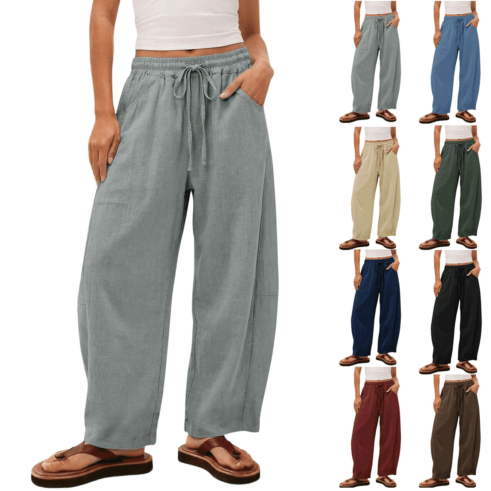 Betivan Linen Barrel Pants Women Casual Baggy Wide Leg Drawstring ...