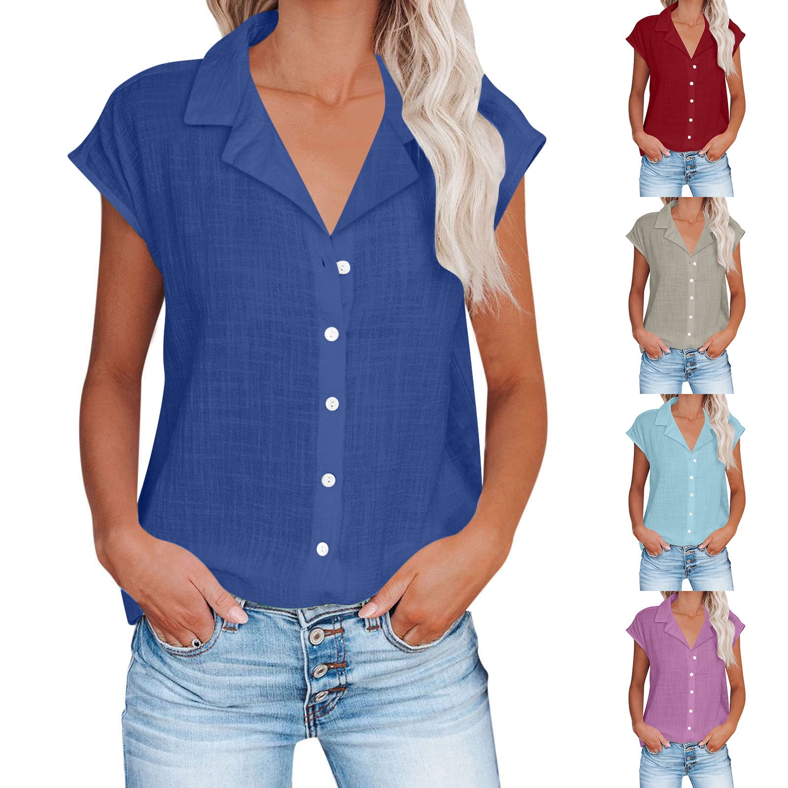 Betivan Linen Shirts for Women Cap Sleeve V Neck Collared Button Down ...