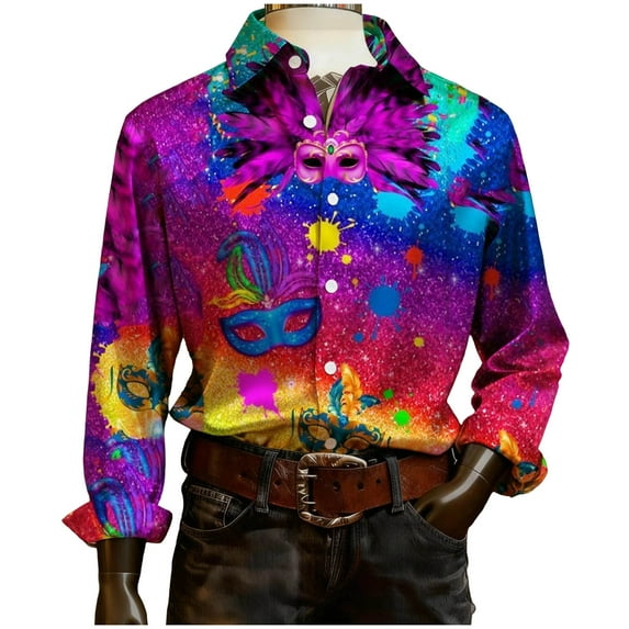 Betivan Men's Carnival Printed Long Sleeve Shirt, Casual Turndown ...