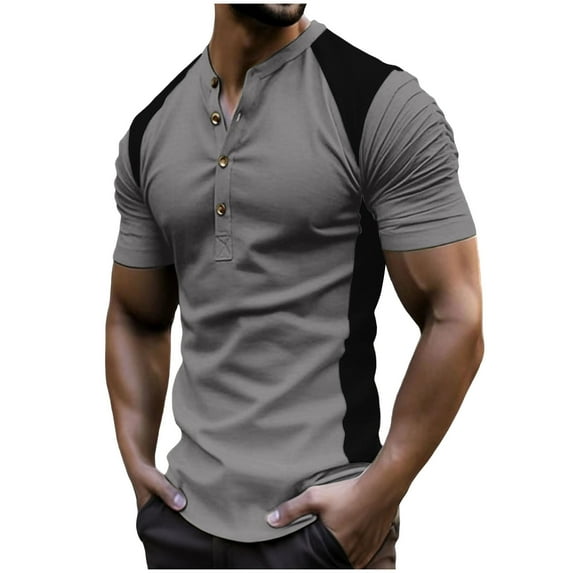 Betivan Men's Color-Block Casual T-shirt, Short Sleeve Crew Neck Button ...