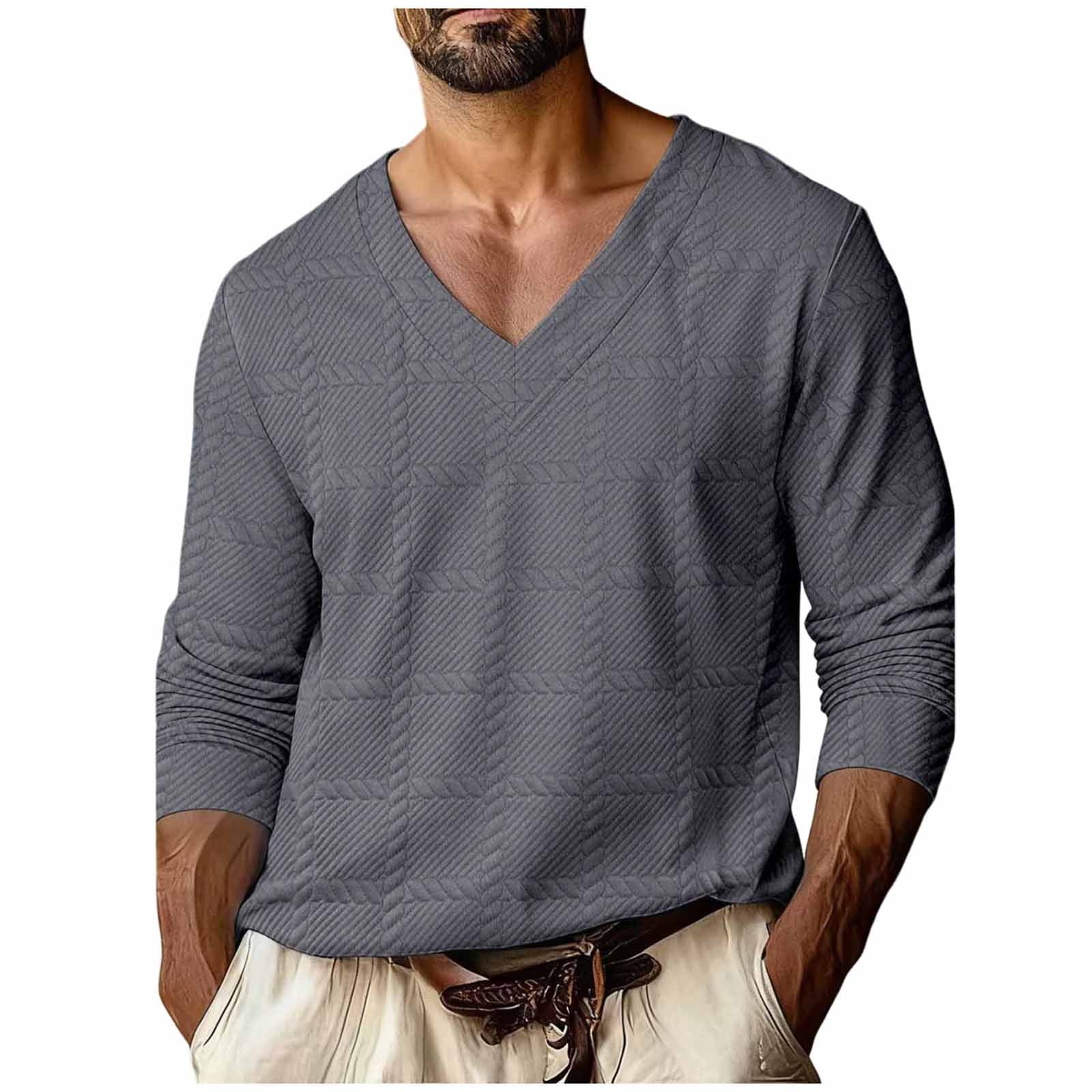 Betivan Men's Jacquard V-Neck Top Casual Solid Color Breathable Long ...