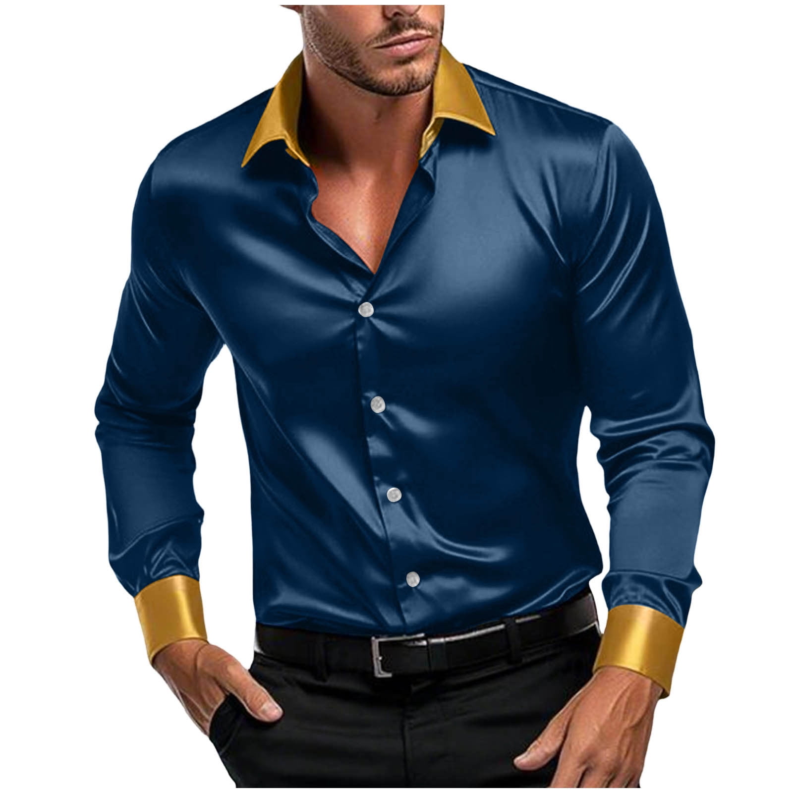 Betivan Men's Luxury Satin Dress Shirt Shiny Embroidery Silk Long ...