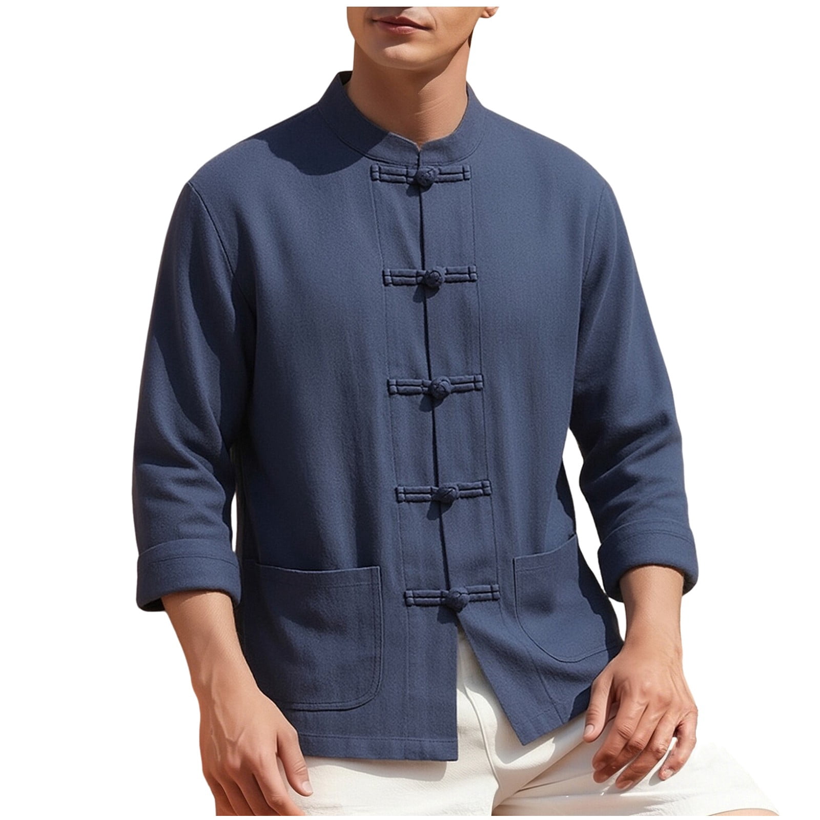Betivan Men's Stand Collar Shirts Long Sleeves Solid Linen Frog Button ...