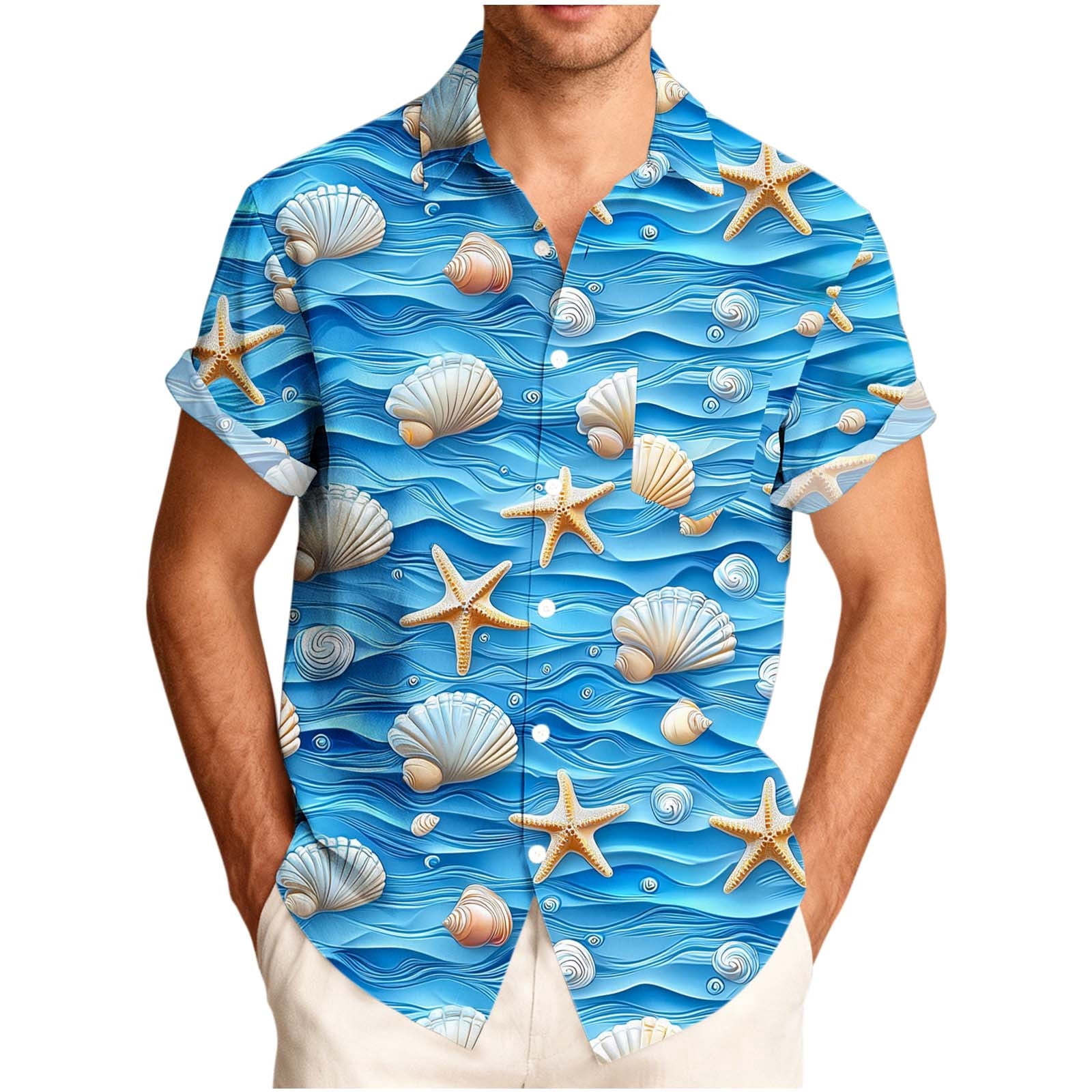 Betivan Men's Summer Turndown Collar Shell Starfish Printed Short ...
