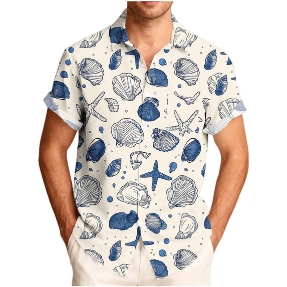 Betivan Men's Summer Turndown Collar Shell Starfish Printed Short ...